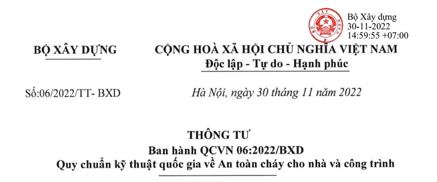 THÔNG TƯ SỐ 06/2022/TT-BXD CỦA BỘ XÂY DỰNG: BAN HÀNH QCVN 06:2022/BXD QUY CHUẨN KỸ THUẬT QUỐC ...